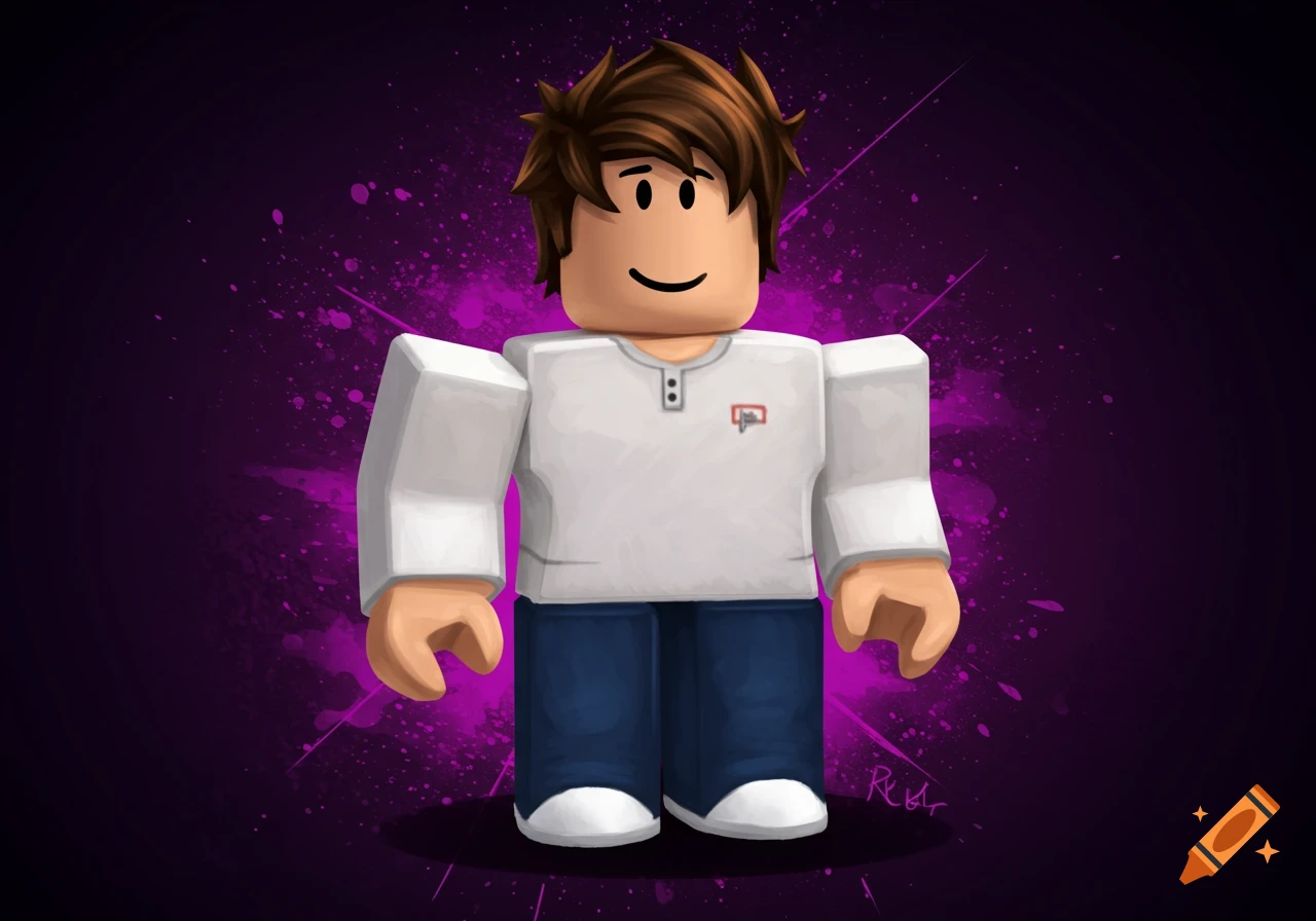A cartoon Roblox character holds a large paintbrush covered in colorful ...