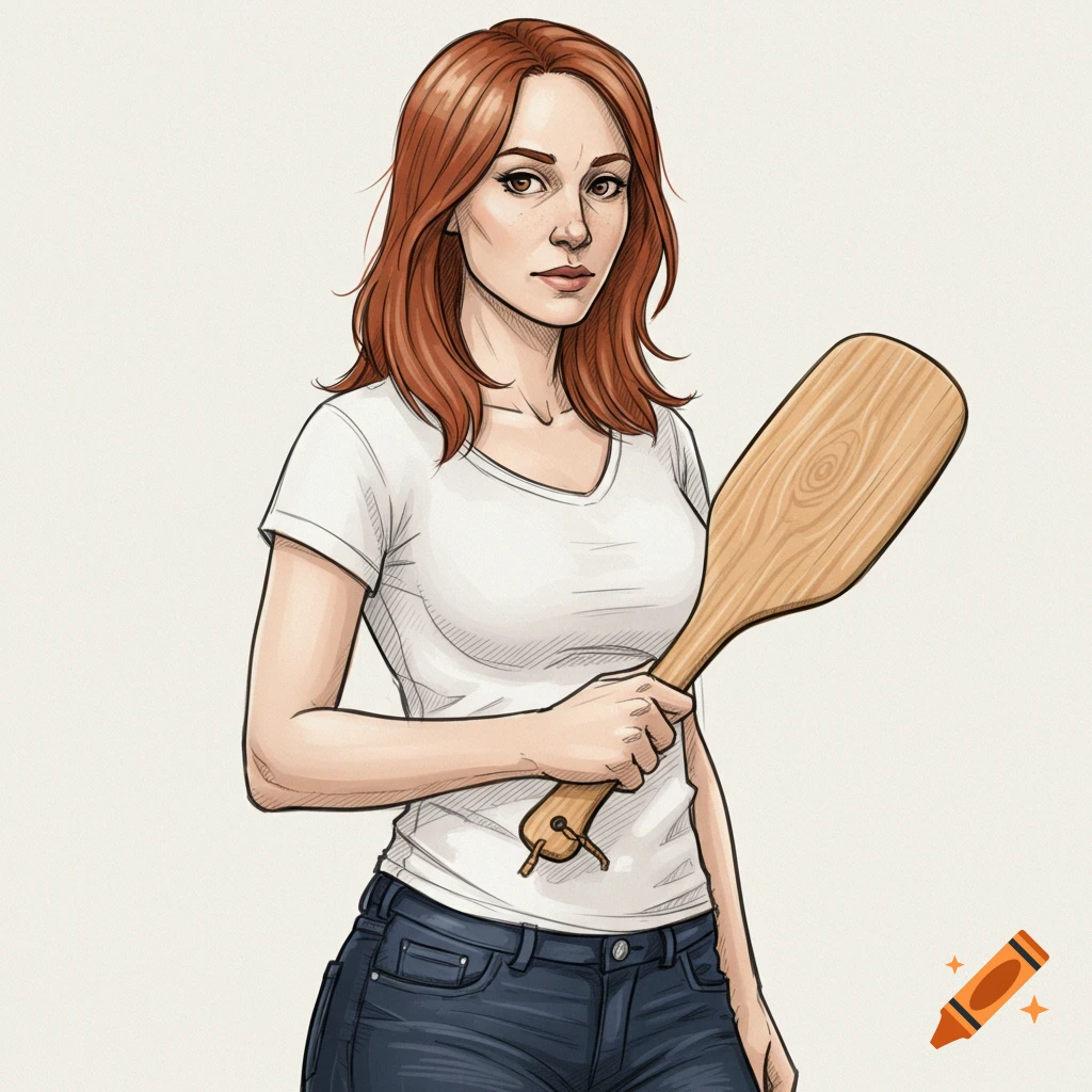 Illustration of a woman holding a wooden paddle. on Craiyon