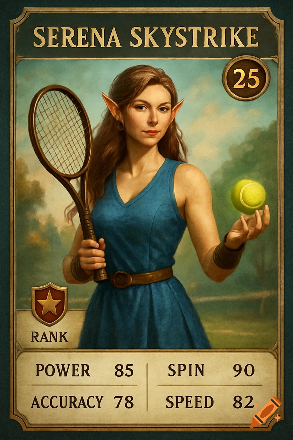 Fantasy tennis player status card with rank and statistics on Craiyon