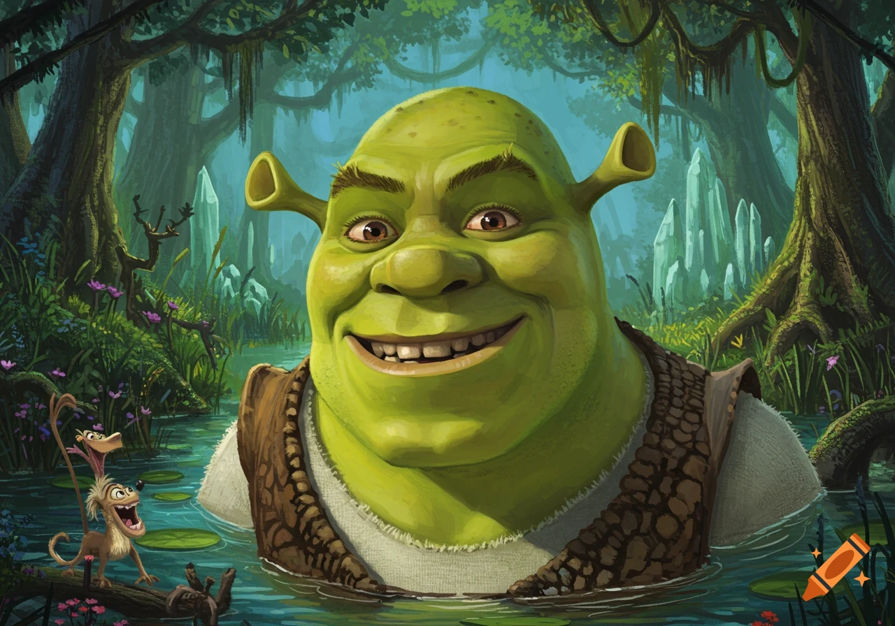 Movie poster of Shrek, Donkey, Puss in Boots, and other characters in a ...