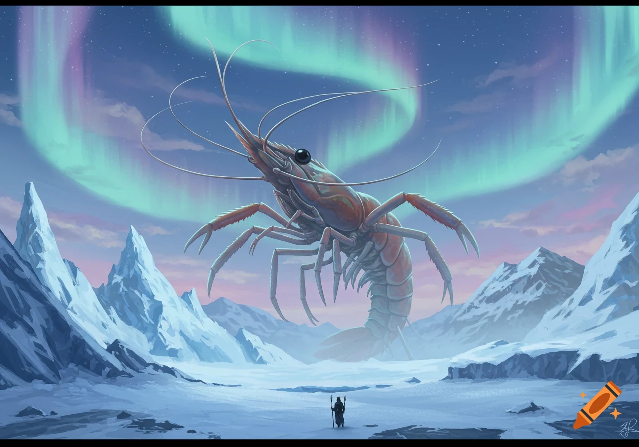 50ft shrimp Time god in frozen biome on Craiyon