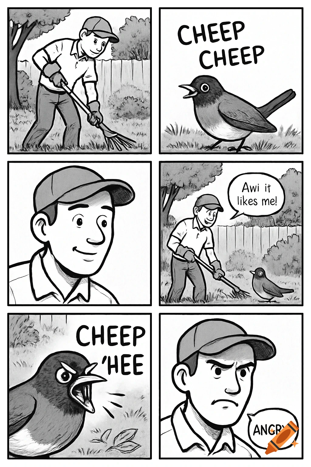 Black and white comic about yard work and an angry robin. on Craiyon