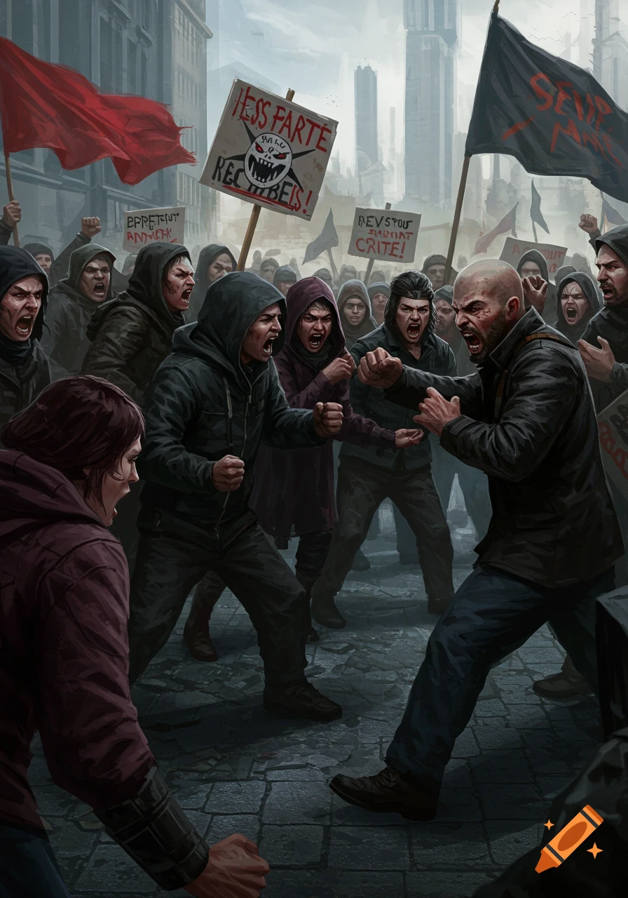 Angry people confronting each other during a street protest with signs ...