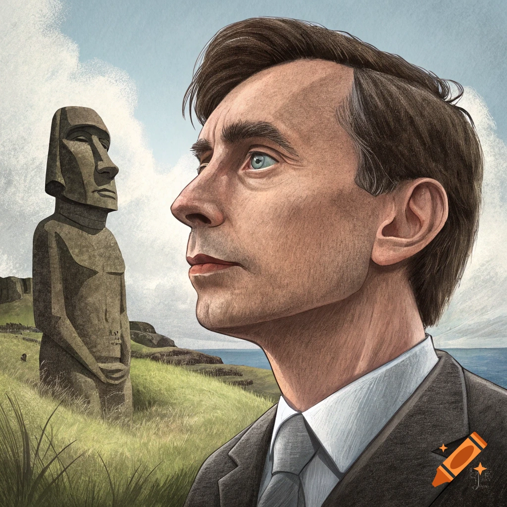 Portrait of a man looking at a Moai statue on Easter Island in an ...