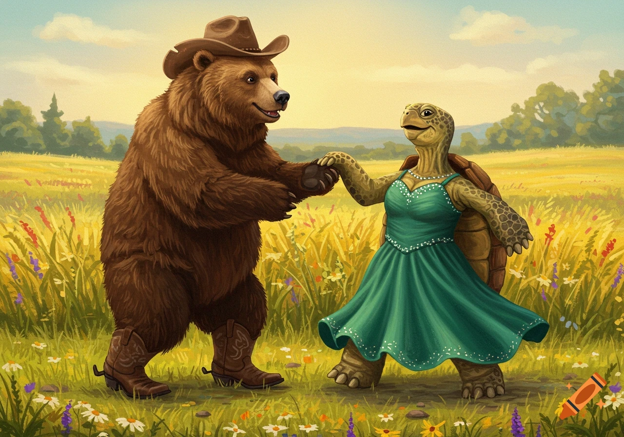A bear in a cowboy hat and boots dances with a turtle in a green dress ...