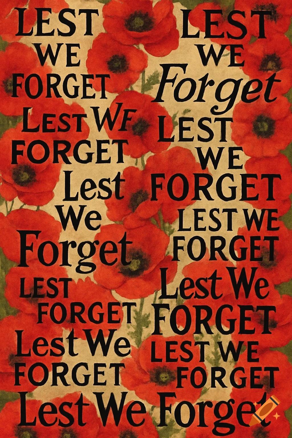 Poster with red poppies and repeated 'Lest We Forget' text. on Craiyon