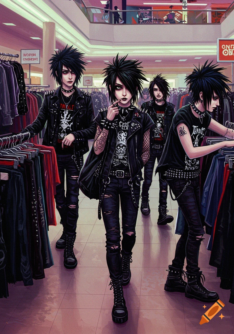 Several people dressed in emo/gothic style clothing are shopping in a ...