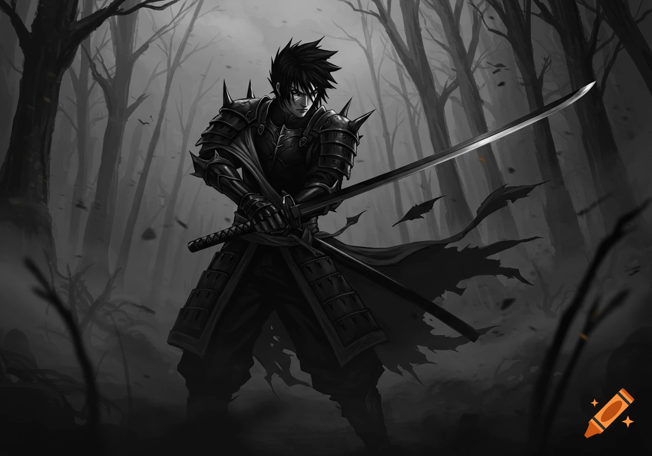Anime swordsman unsheathing blade in gloomy forest, black and white on ...