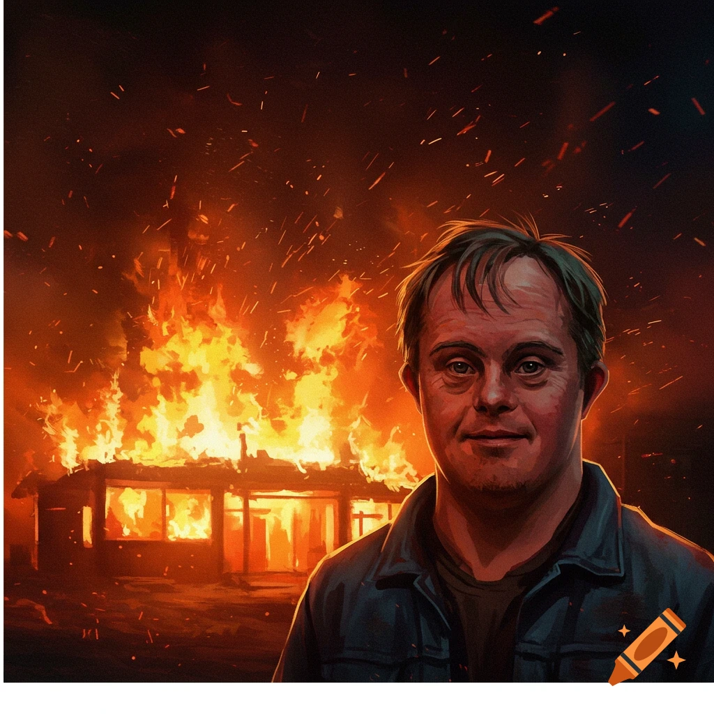 A man with Down Syndrome stands in front of a burning building. on Craiyon