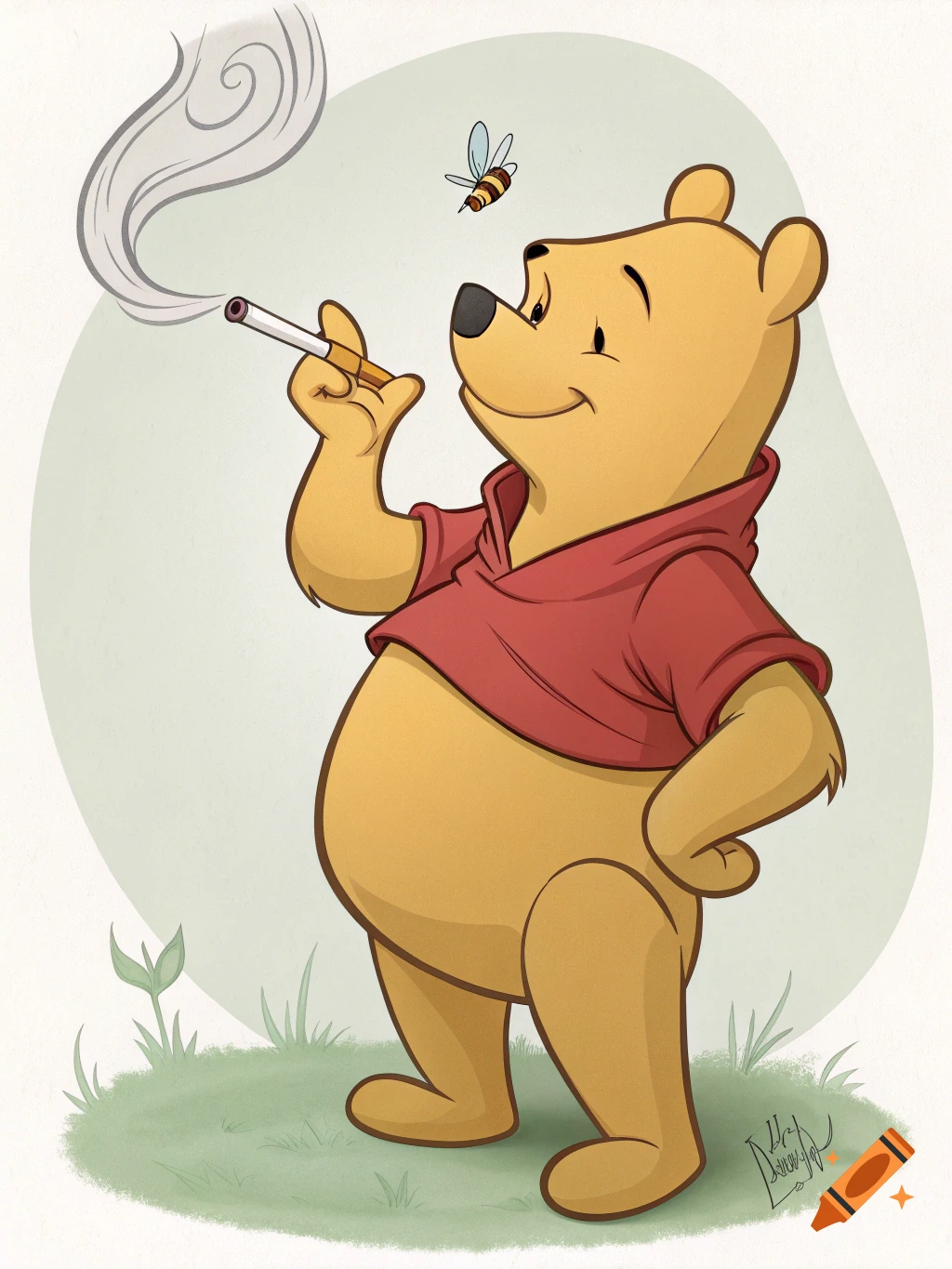 Cartoon illustration of Winnie the Pooh smoking a cigarette with a bee ...