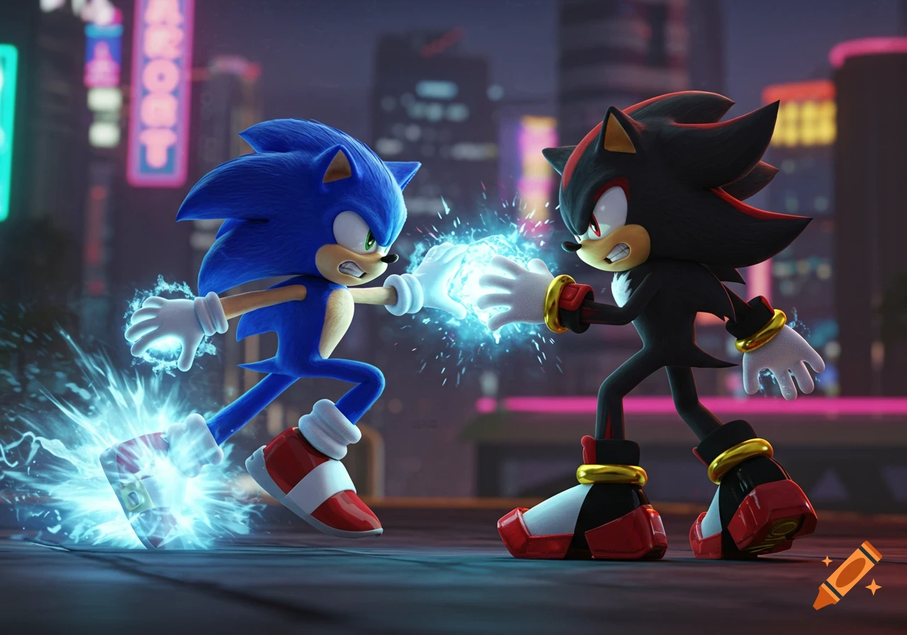 Sonic and Shadow clash energy blasts in a nighttime city street. on Craiyon