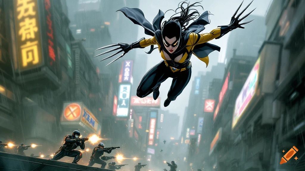 Lady Deathstrike leaping from skyscraper to protect mutants from Judges ...