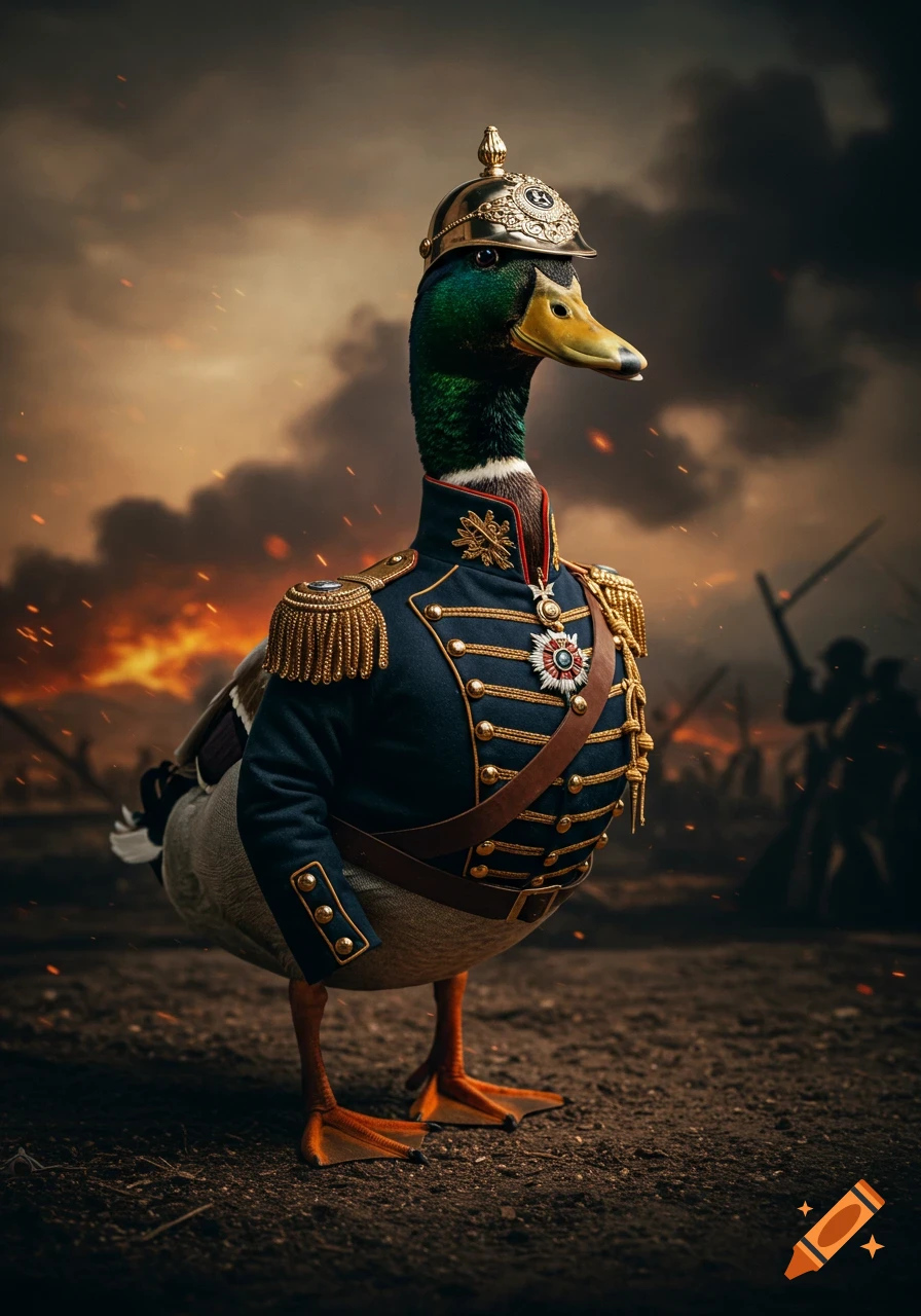 Duck in military general outfit, humorous and whimsical on Craiyon