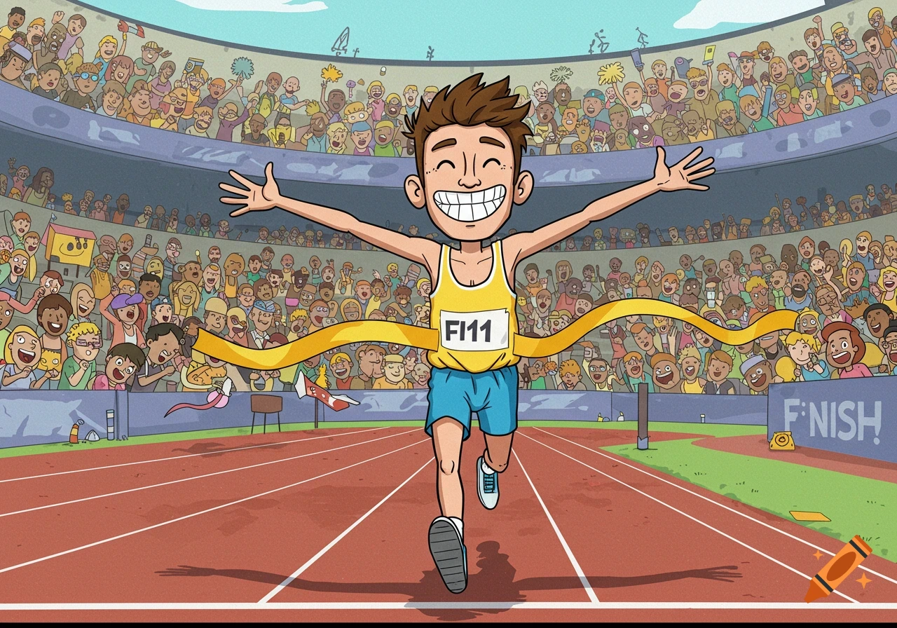 Cartoon runner finishes a race, breaking the tape in a stadium filled with spectators. on Craiyon