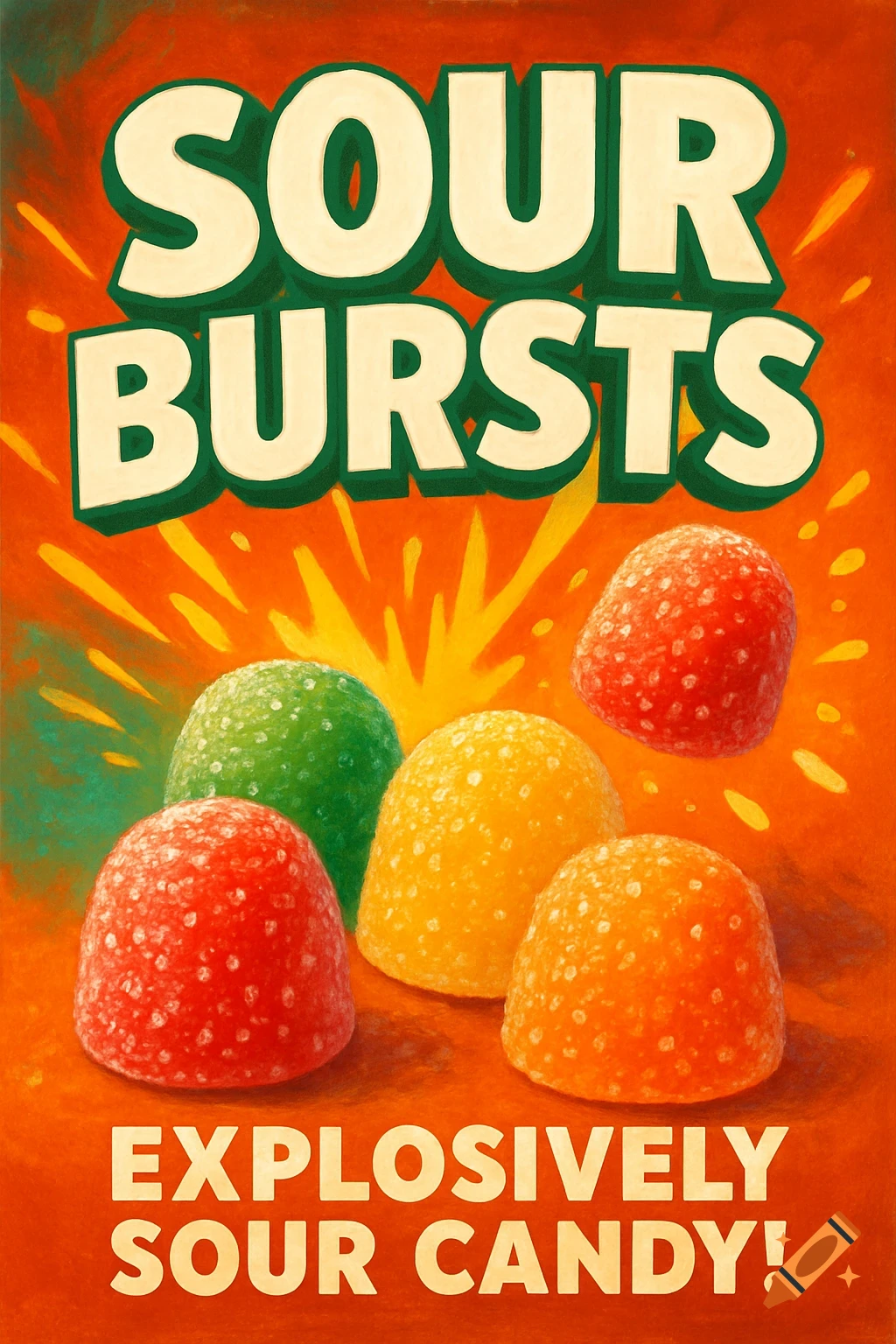 A candy advertisement featuring 'SOUR BURSTS' text and colorful sour ...