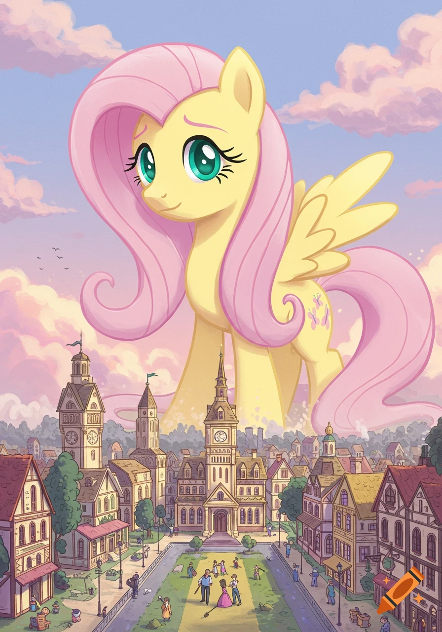 Fluttershy as a giantess in a tiny city on Craiyon