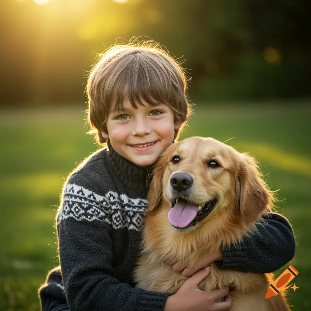 Norwegian boy with brown hair and green eyes holding his dog on Craiyon