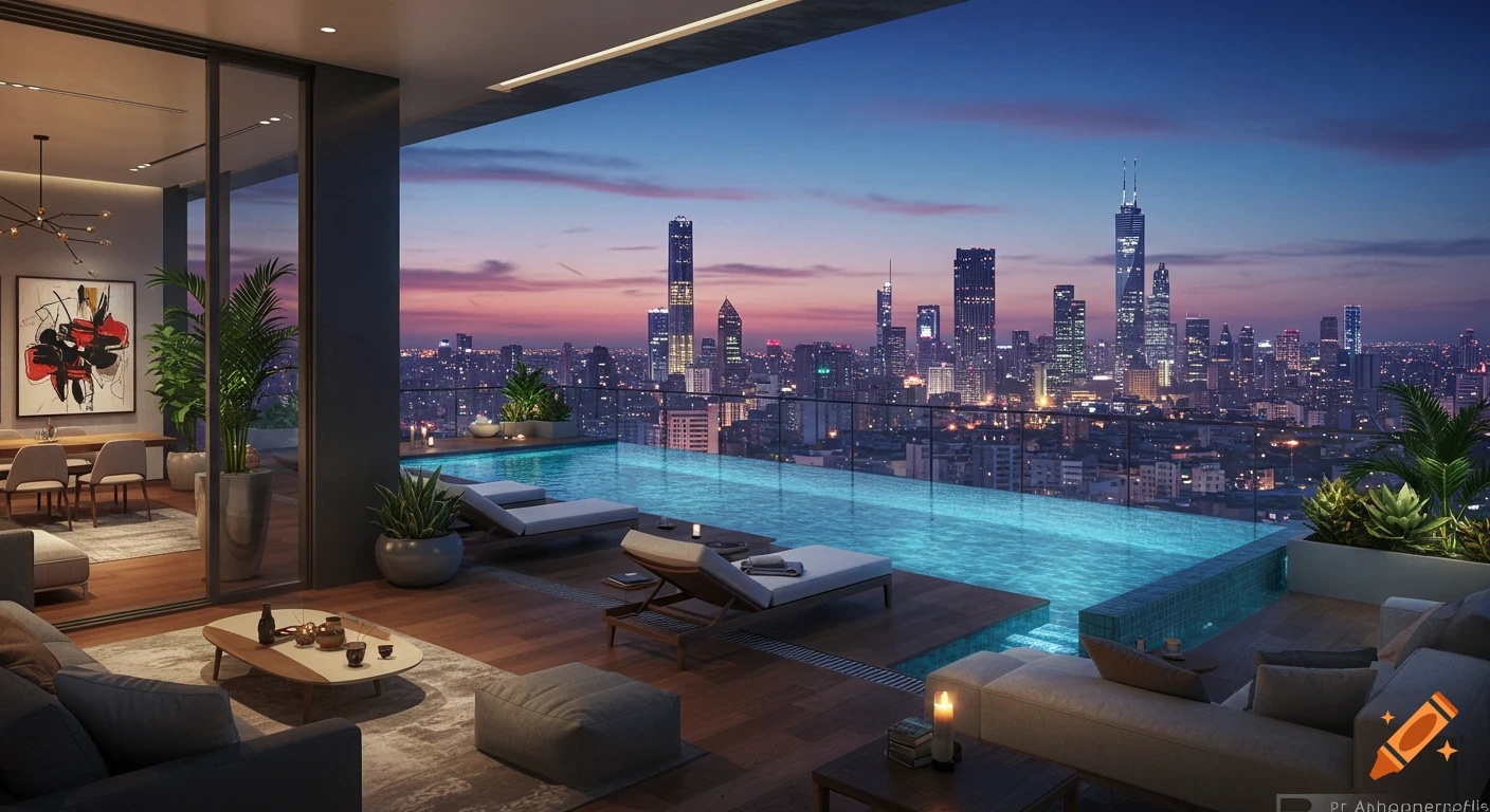 Luxurious penthouse rooftop pool with city skyline on Craiyon