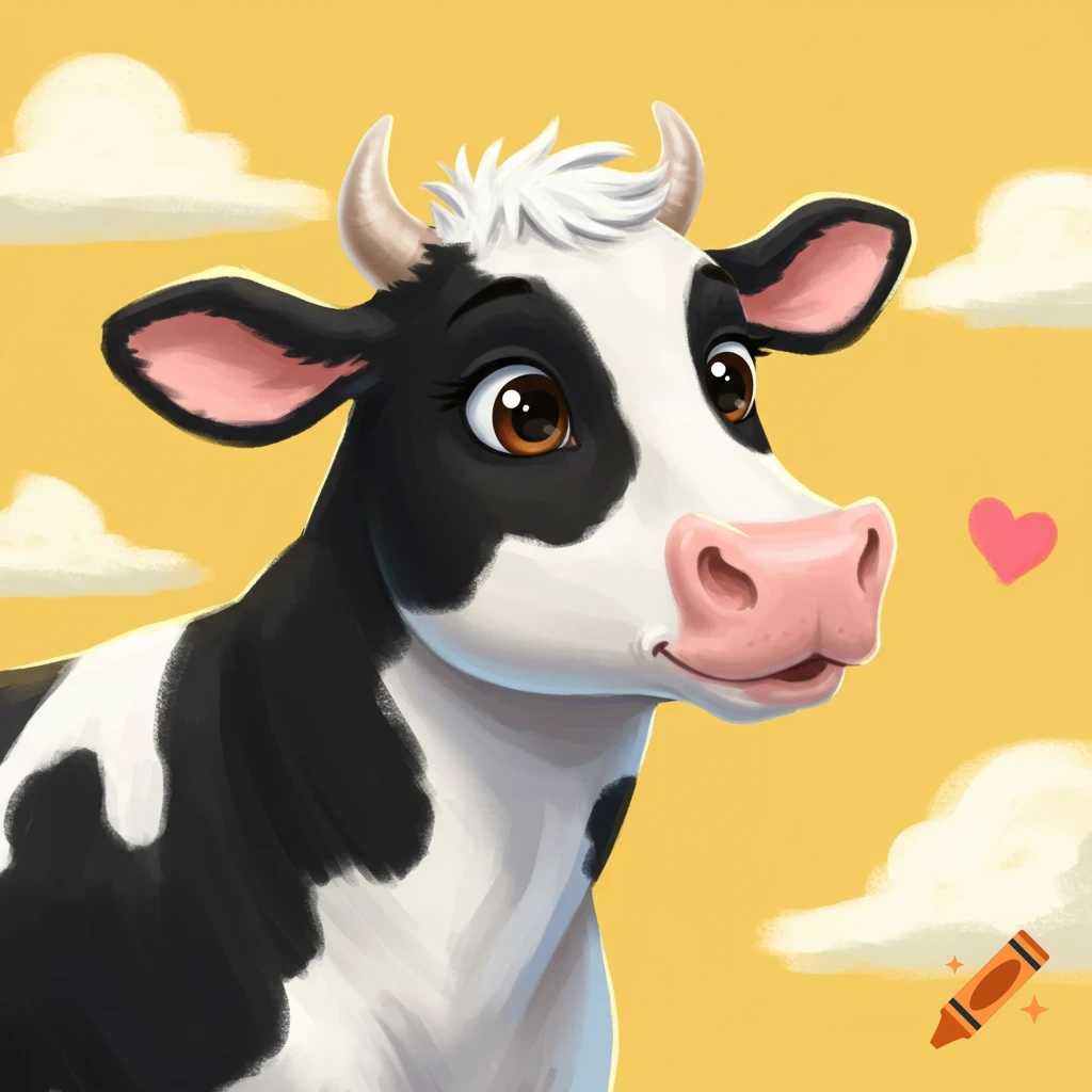 A cartoon black and white cow with a pink heart in a yellow sky with ...