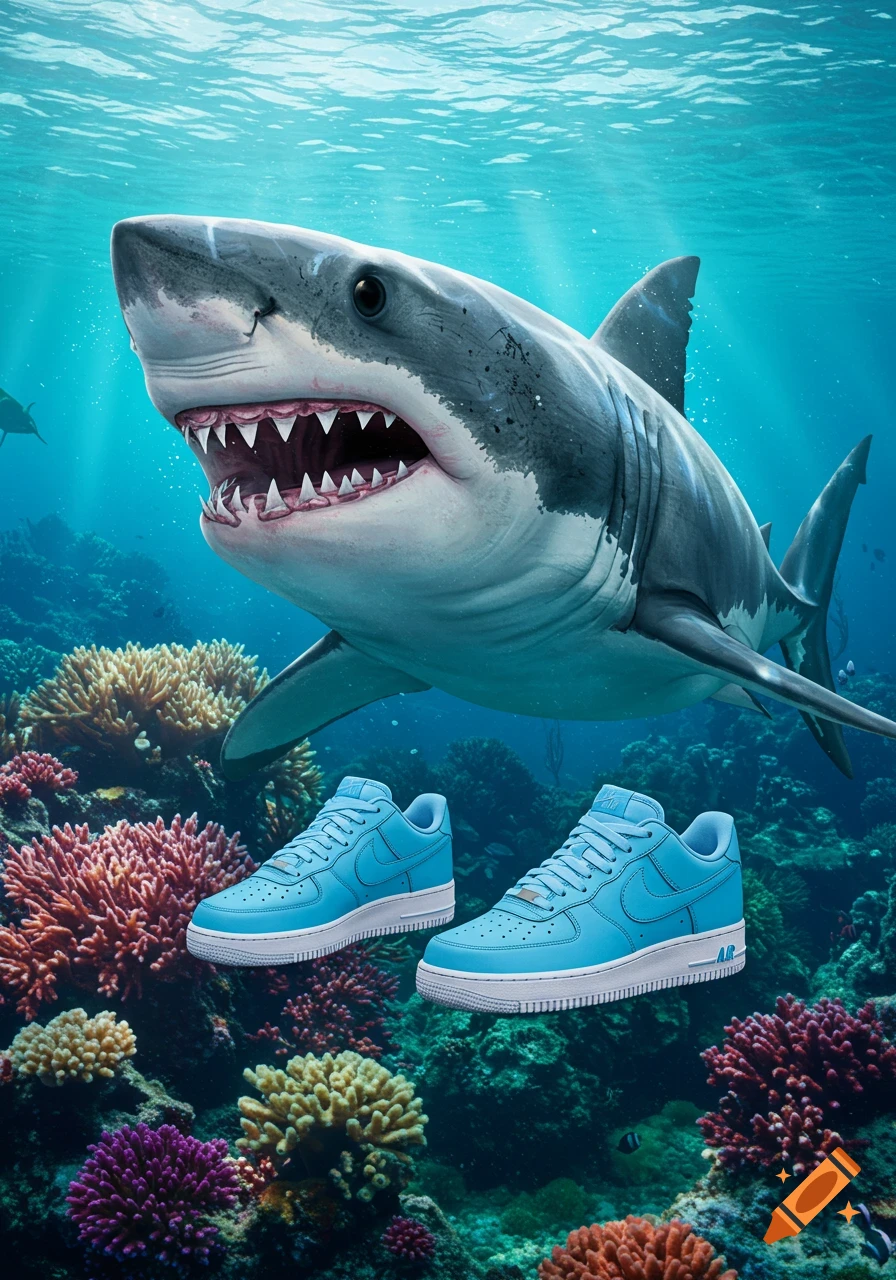 A large shark swims underwater with schools of fish, while two blue dress shoes float nearby. on ...