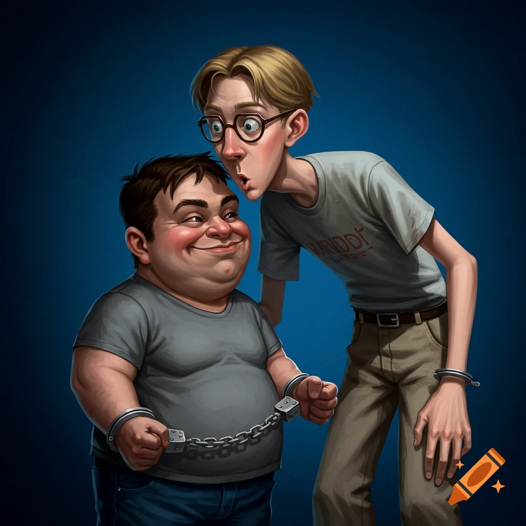 Cartoon of a short man and a tall man in handcuffs on Craiyon