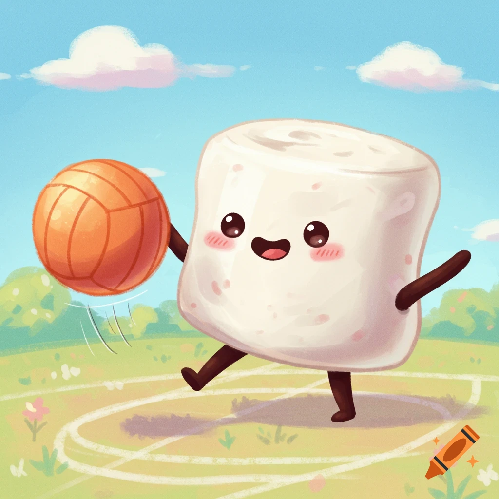 A cute marshmallow character plays netball in a grassy outdoor court ...