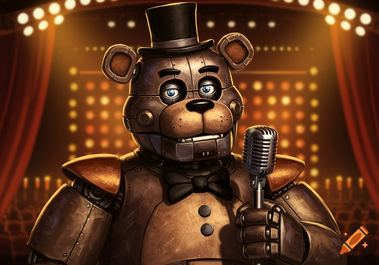 A brown animatronic bear named Freddy Fazbear is on a stage, holding a ...