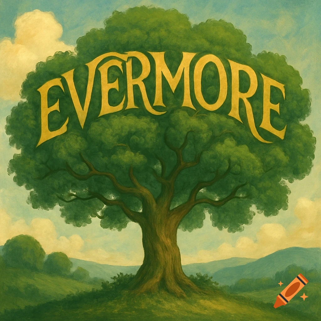 A whimsical depiction of a large green tree with its branches spelling ...