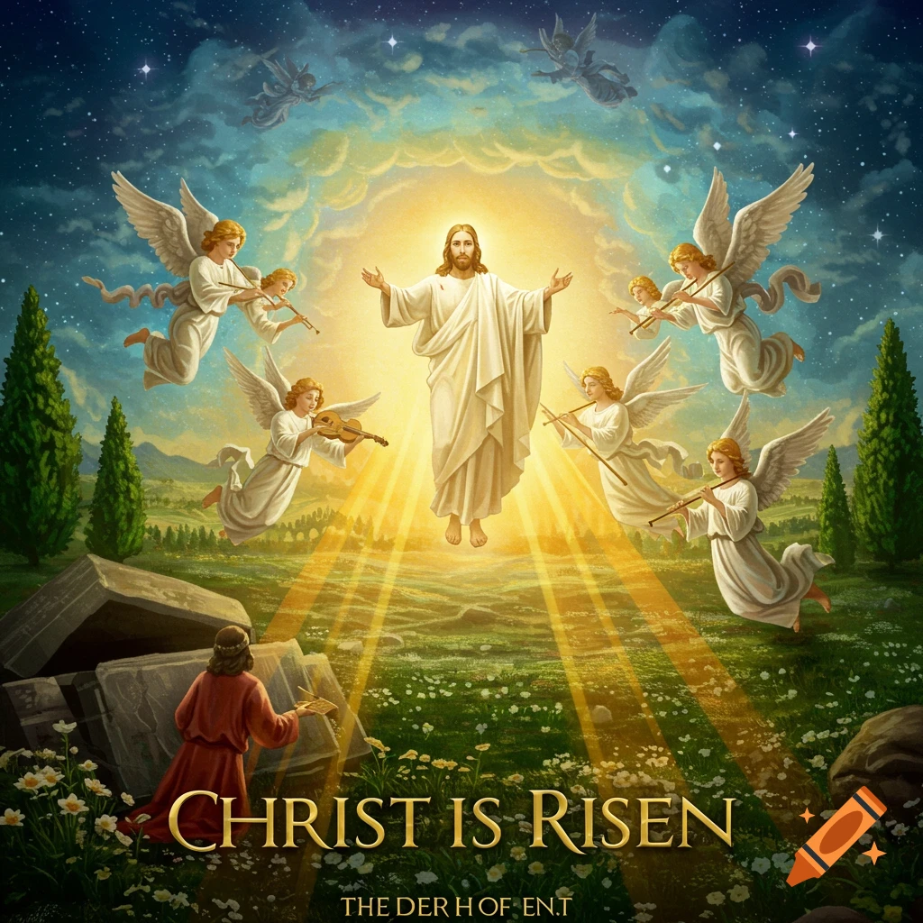 Jesus rising into the sky, surrounded by angels playing music, with text 'CHRIST IS RISEN' at ...