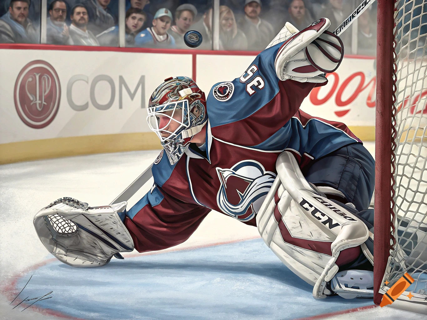 An Oilers hockey goalie in uniform making a save on the ice, detailed ...