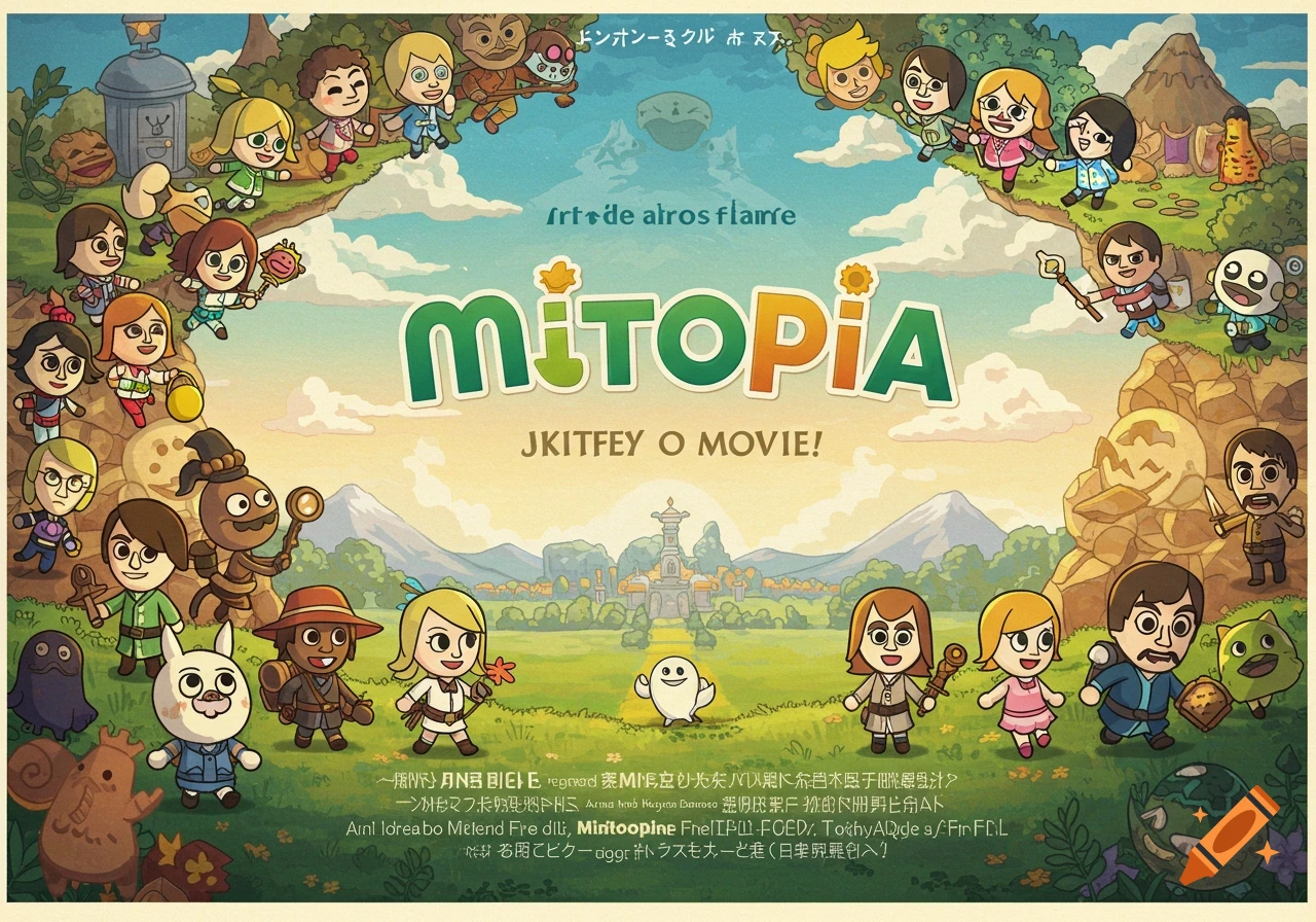A Miitopia movie poster with many Mii characters, creatures, and ...