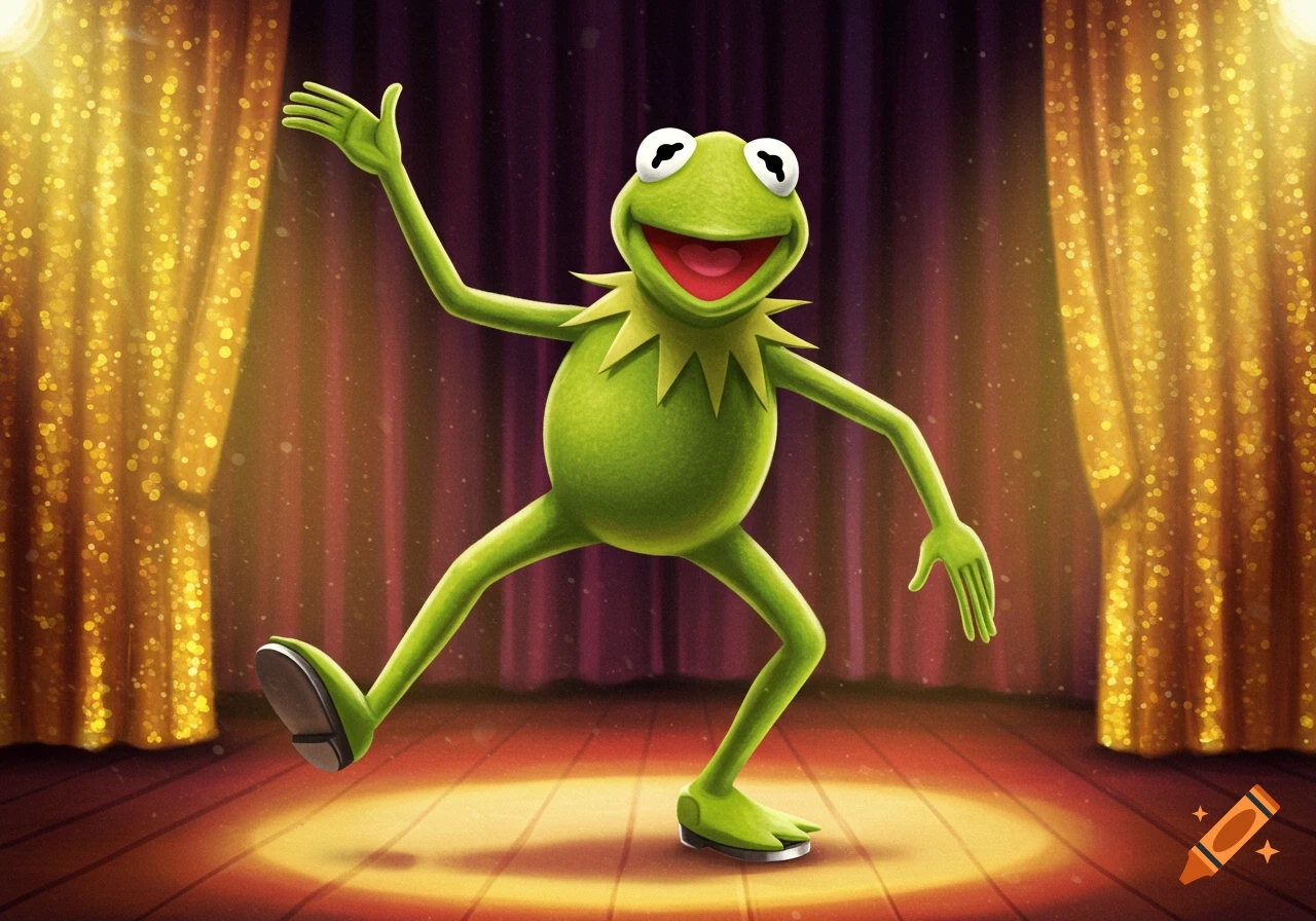 A colorful illustration of Kermit the Frog standing next to a purple octopus on a sandy beach by ...