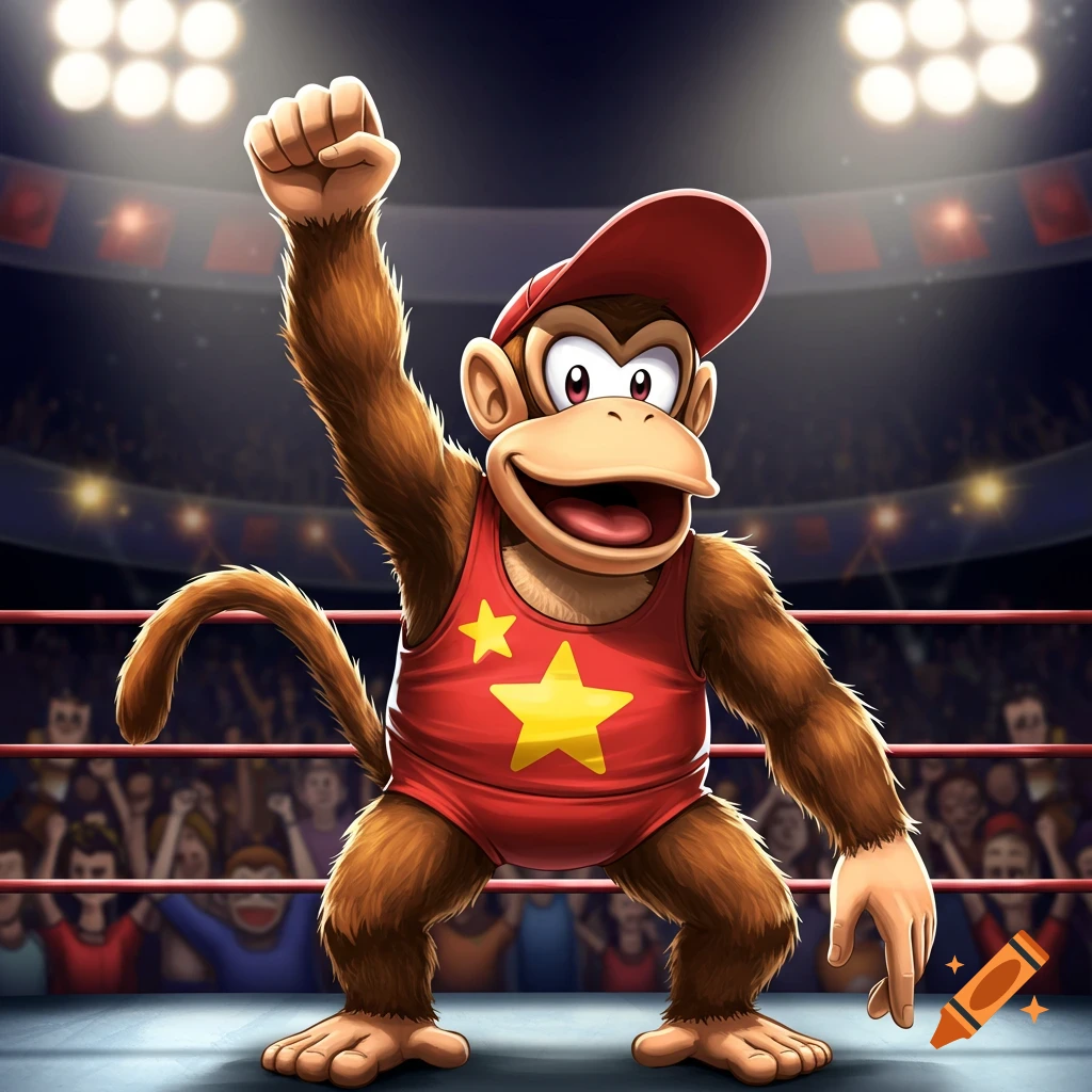 Cartoon monkey wearing a wrestling singlet raises a fist in a stadium ...