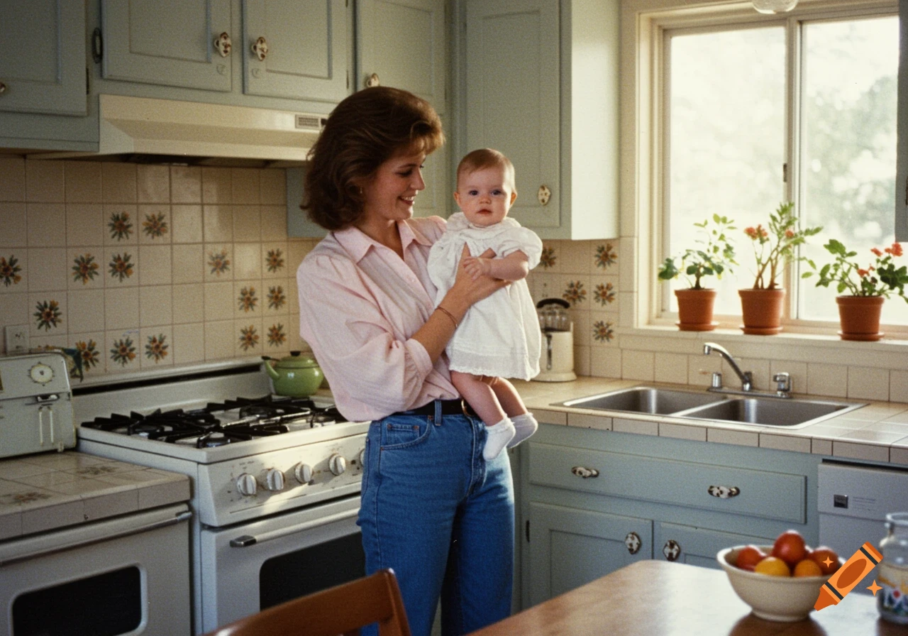 1980s photo of a woman holding a baby in a kitchen on Craiyon