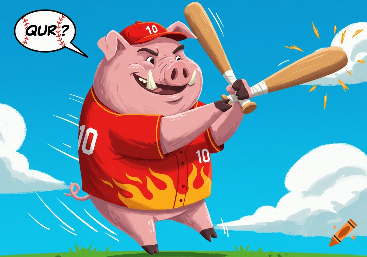 Cartoon pig swinging baseball bat in jersey with flames on Craiyon