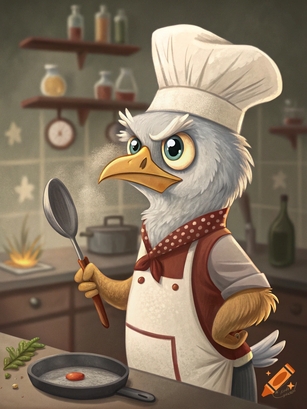 Illustrative portrait of a mustachioed chef in a kitchen holding a ...