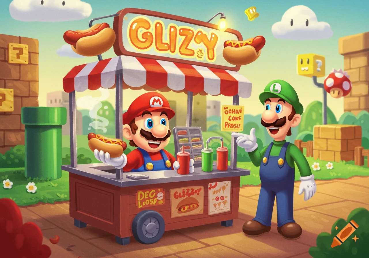 Mario and Luigi at a hot dog stand with a "Glizzy" sign on Craiyon