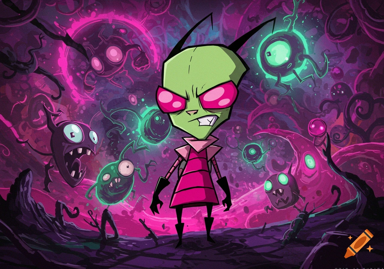 Invader Zim stands in a dark, neon-lit sci-fi city. on Craiyon