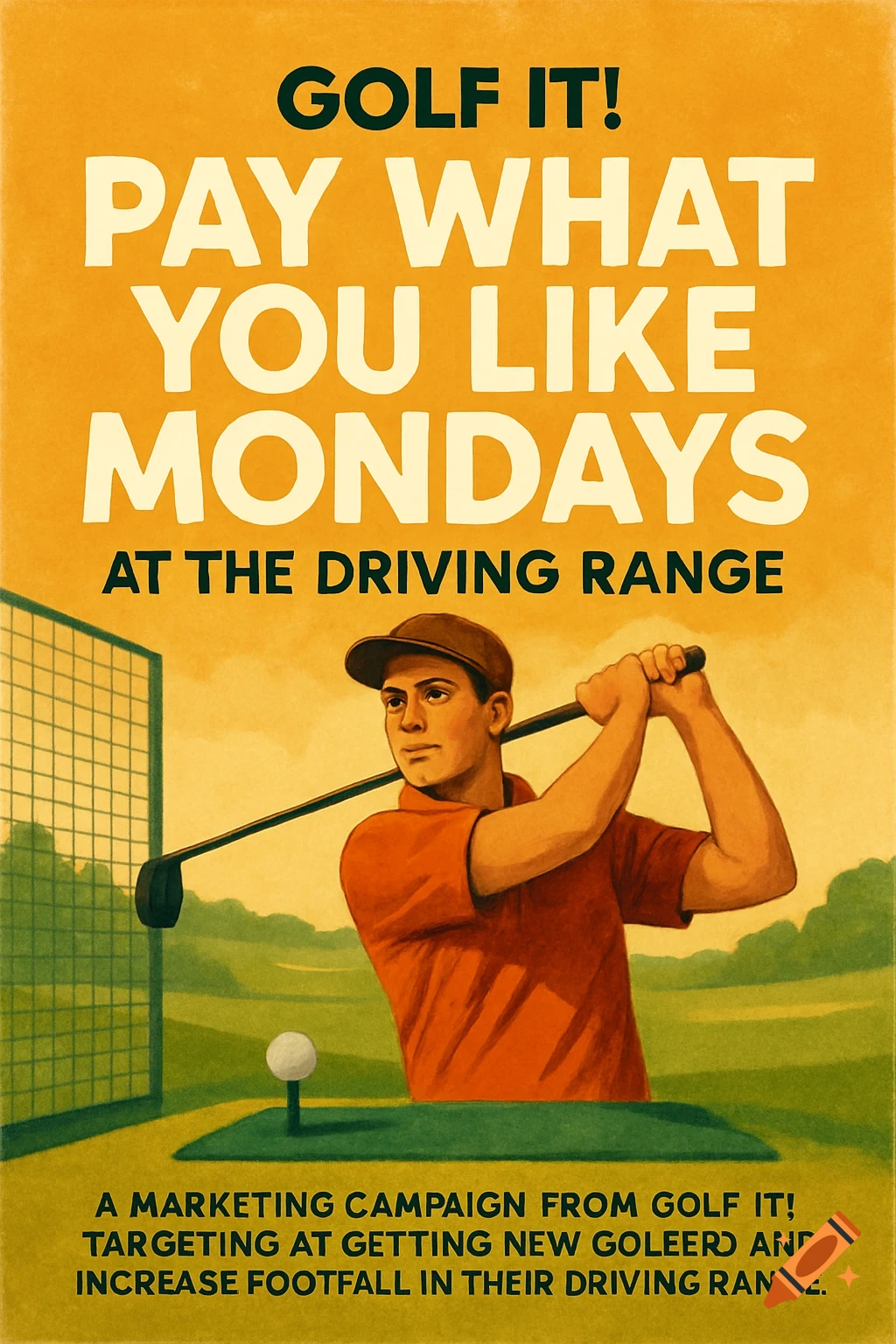 A vintage-style marketing poster for a golf driving range, featuring a ...