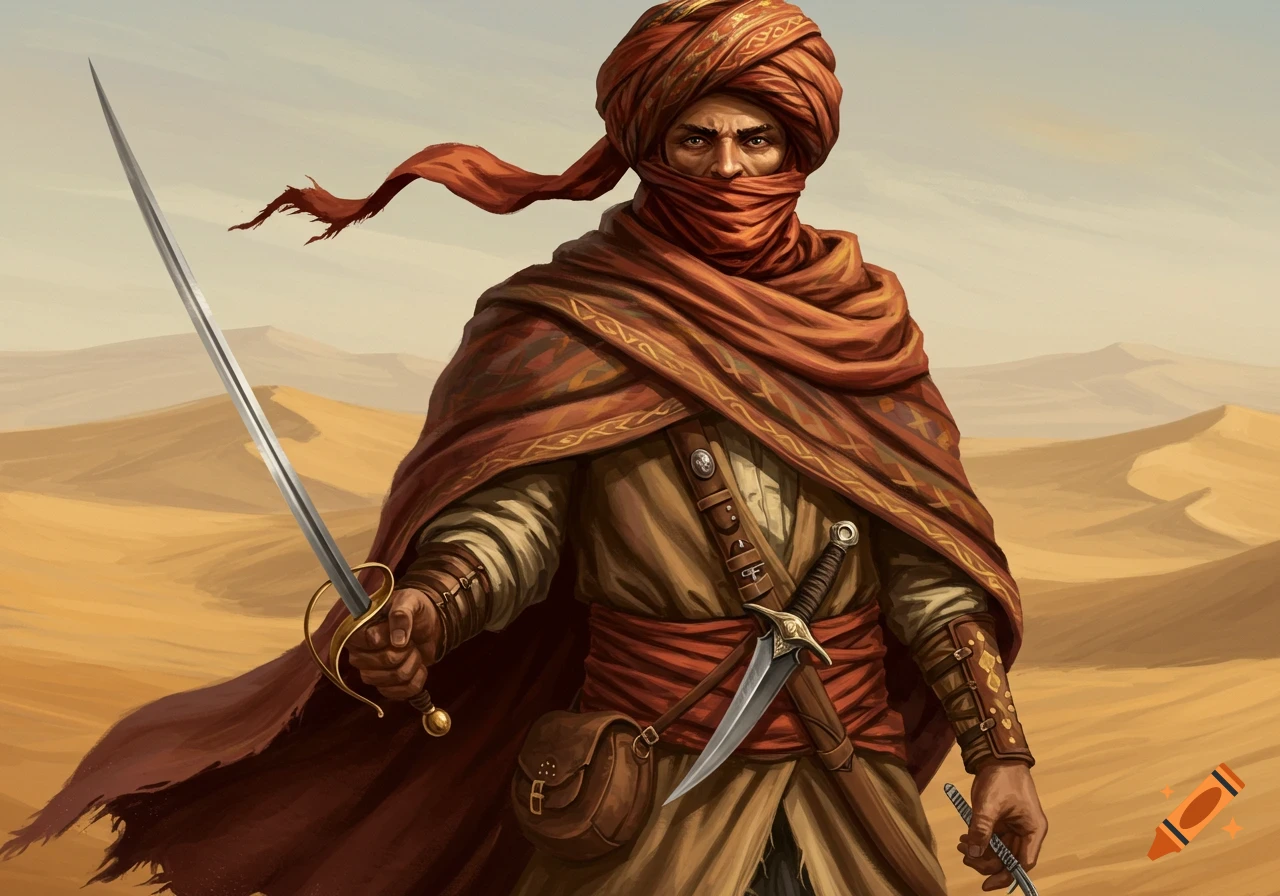 A male desert nomad in a turban and cloak, holding a sword and dagger ...