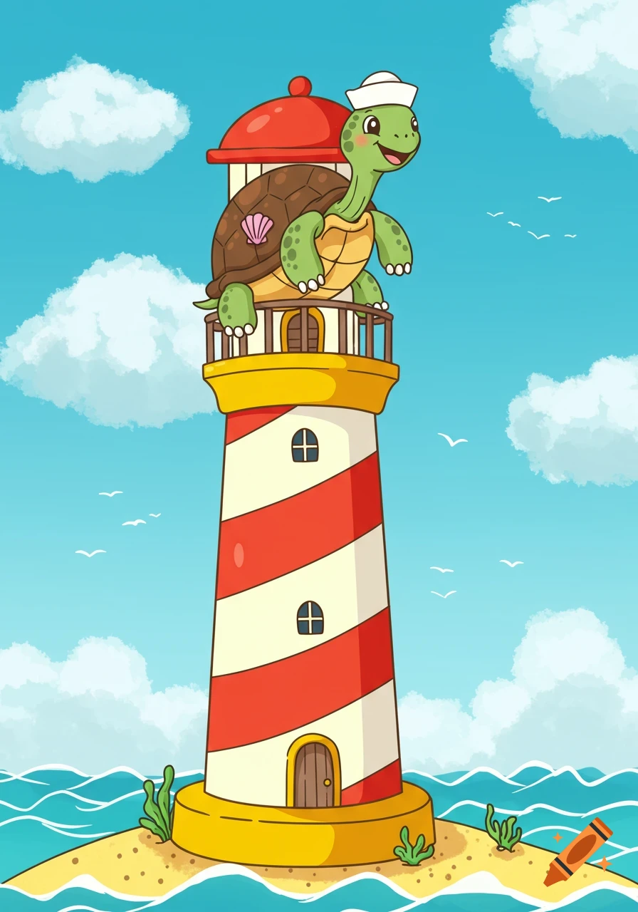A cartoon turtle wearing a sailor hat sits on top of a red and white ...