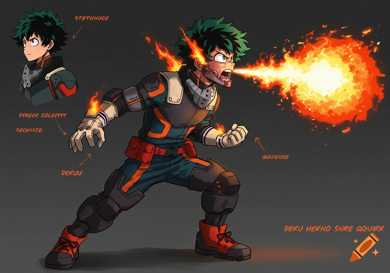 Anime character Deku in green hero suit with glowing hands, in an ...