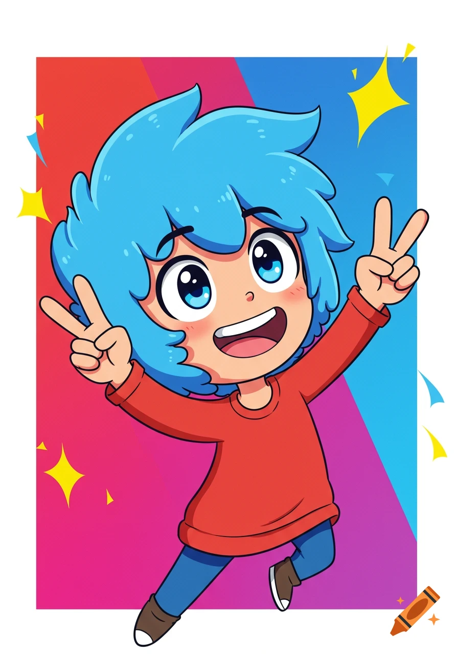 An excited cartoon character with blue hair and a red shirt makes peace ...