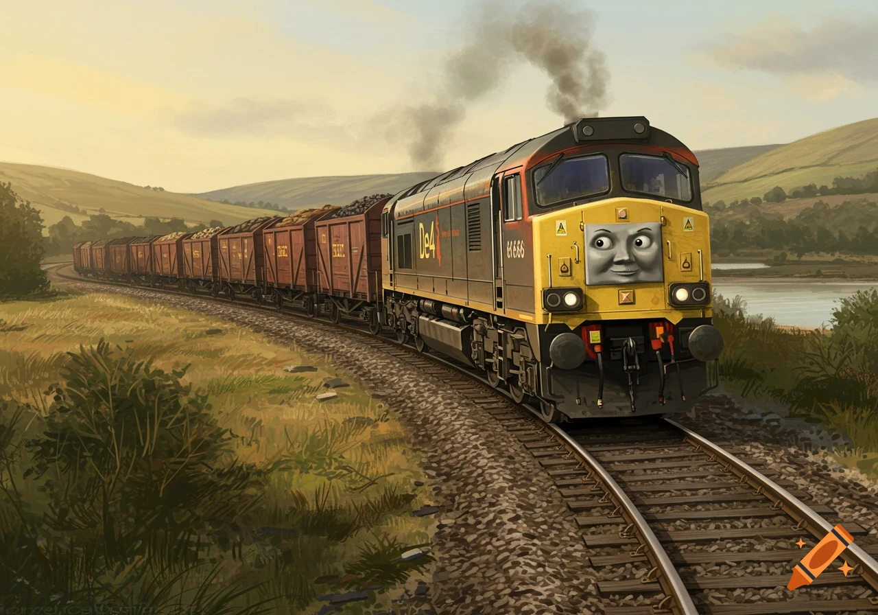 A yellow and black train with a face pulls cargo cars through a hilly ...