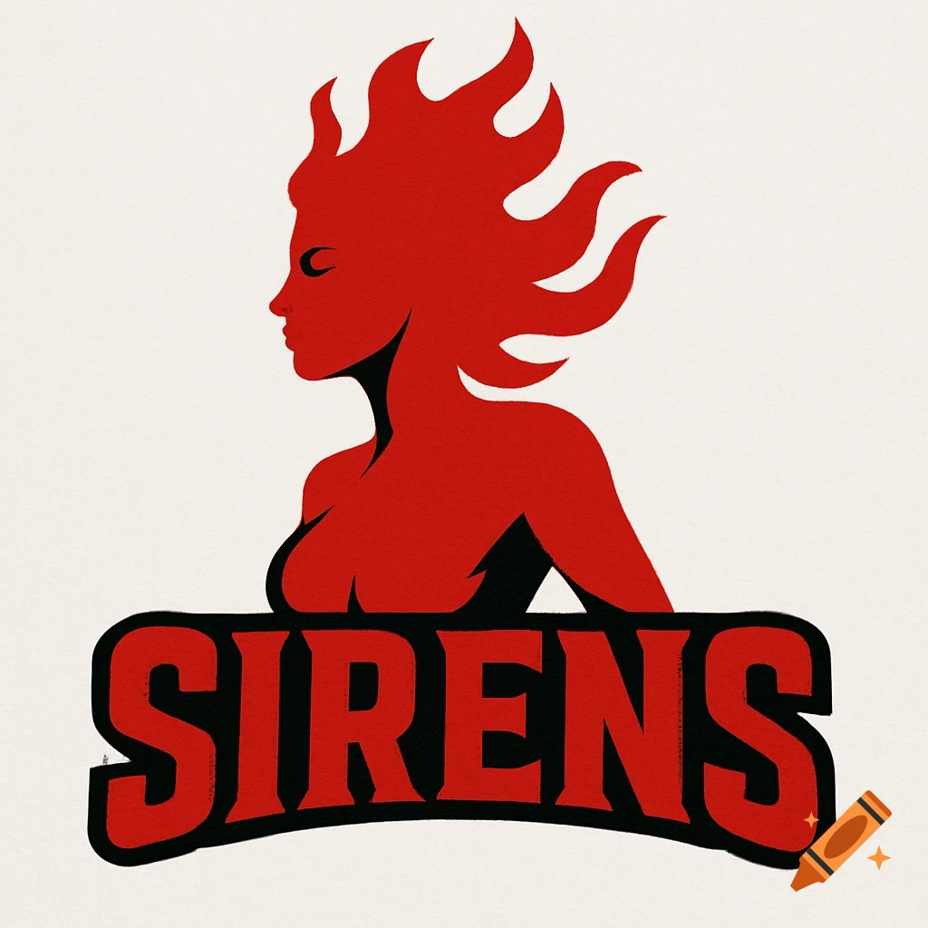 Logo with red fiery woman silhouette above the word SIRENS on Craiyon