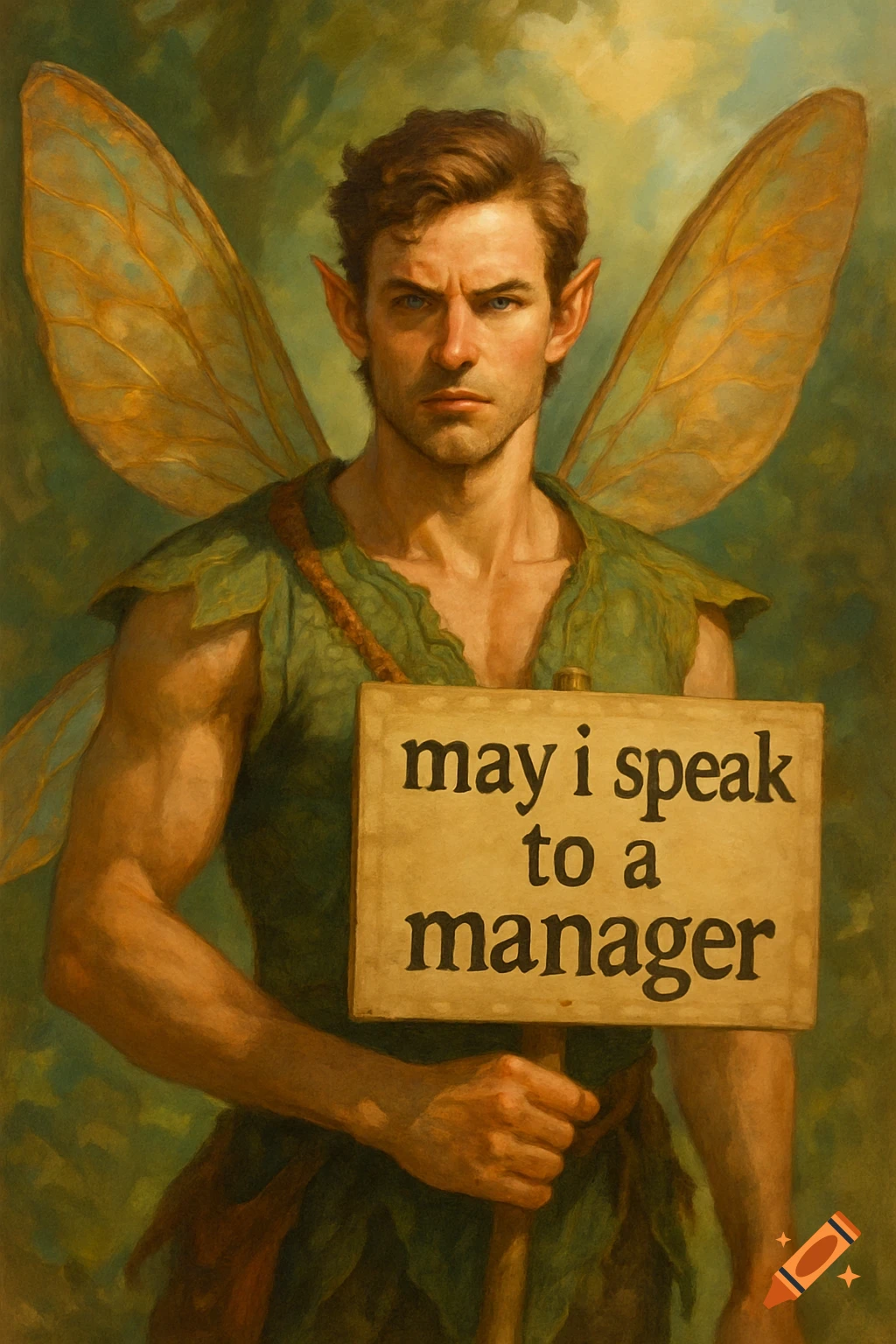 Male fairy holding a sign with the text 'may i speak to a manager' on ...