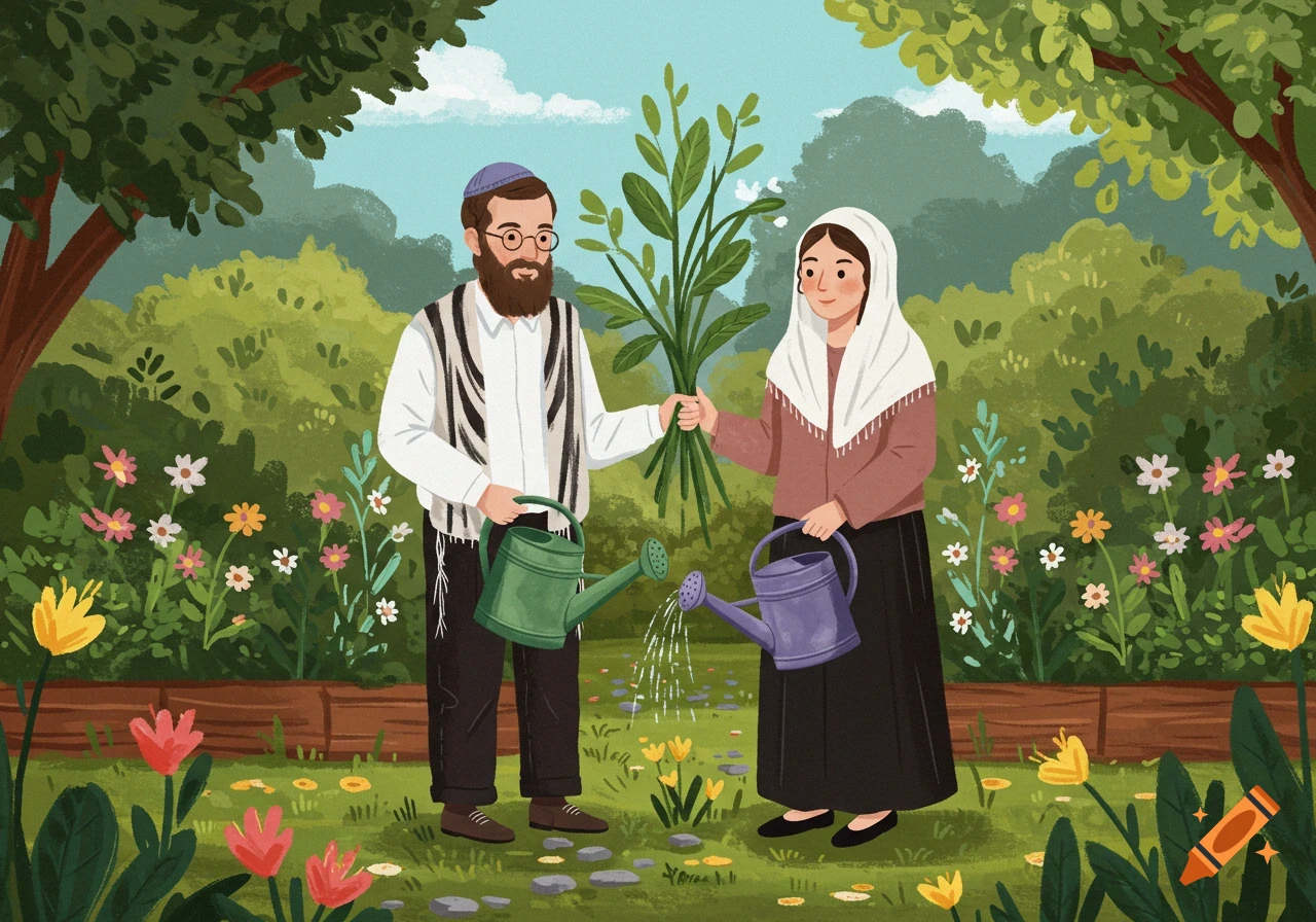 Illustration of a Frum Jewish family in a garden. on Craiyon