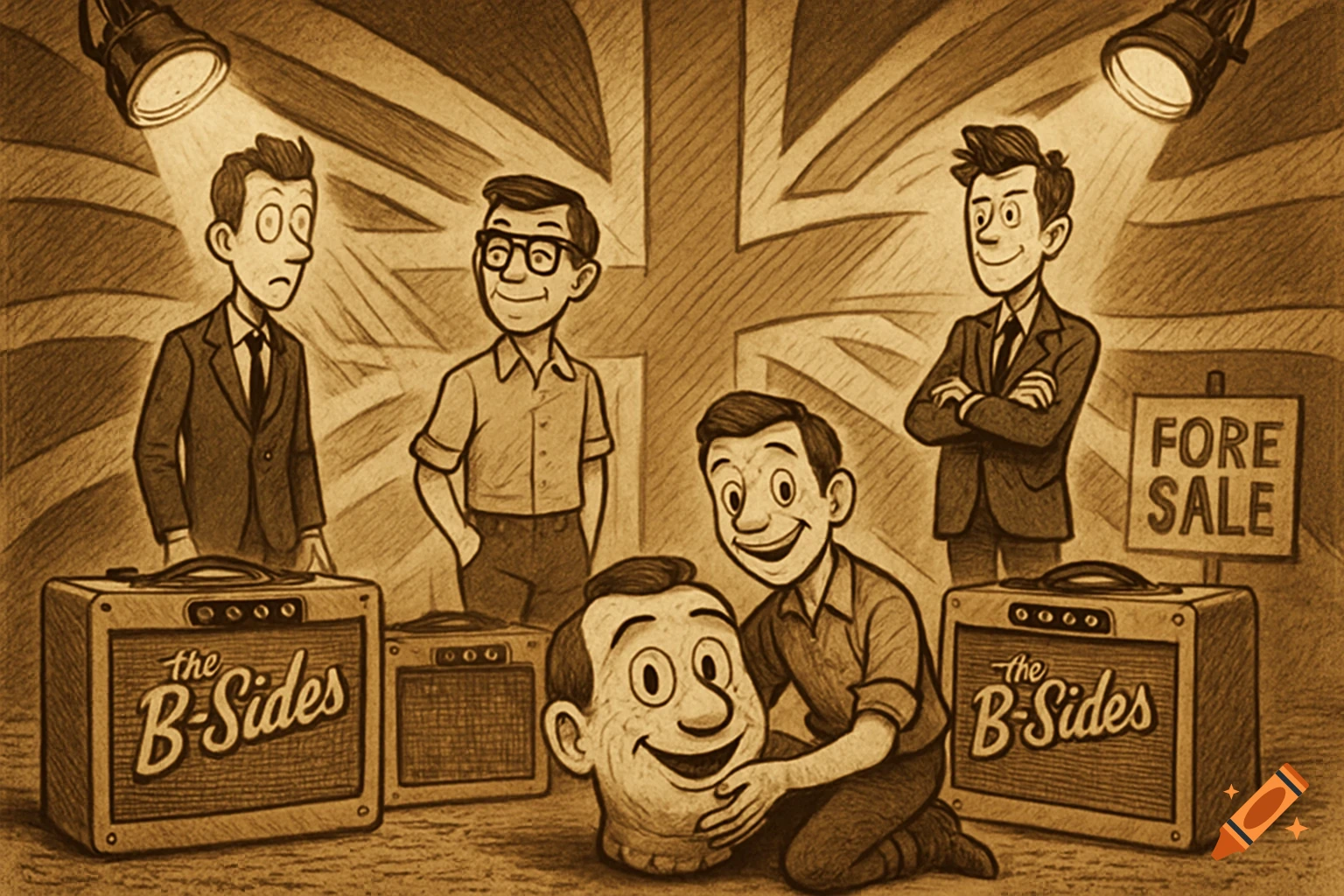 A 1970s style poster featuring a cartoon Mr. Bean-like character ...