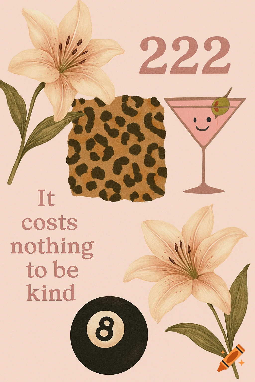 Lillies, cheetah print, 8 ball, angel number 222, martini collage phone ...