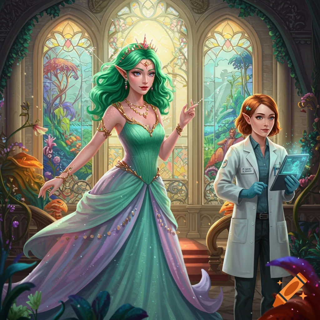 Fae princess with green hair and a woman in a lab coat in a palace on ...